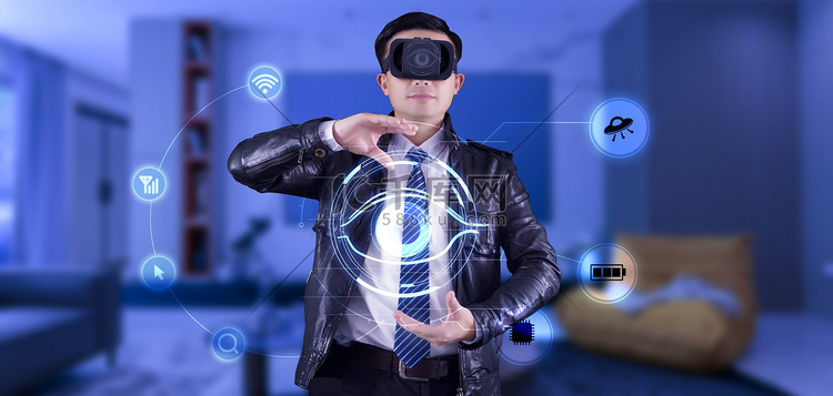 VR技术智客厅场景白天VR商务人士智能客厅体验摄影图配图高清摄影大图-千库网