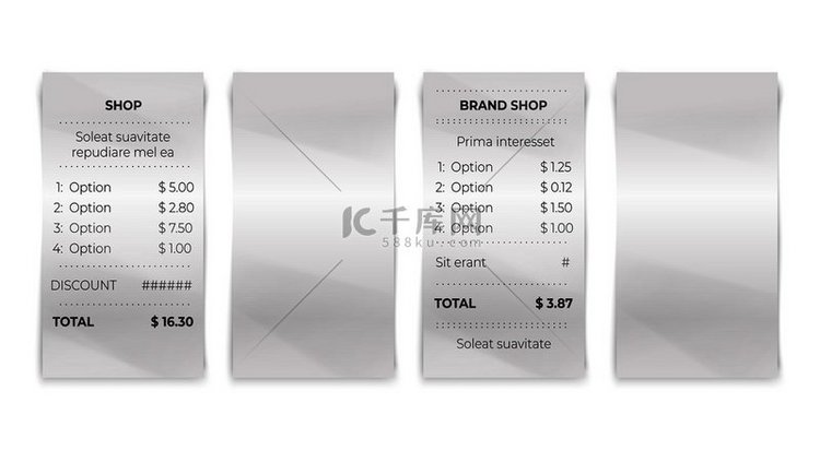 商店收据真实的餐厅账单和空白发票纸隔离实物模型矢量商店付款支票和交易零售票商店收据真实的餐厅账单和空白发票纸隔离实物模型矢量商店付款检查和转账 ...