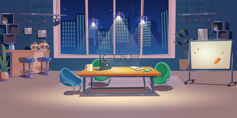 夜间办公室、联合办公空间内部、带办公桌电脑的商务中心、扶手椅、咖啡休息区和发光灯。背景图片免费下载_海报banner/高清大图_千库网(图片 ...