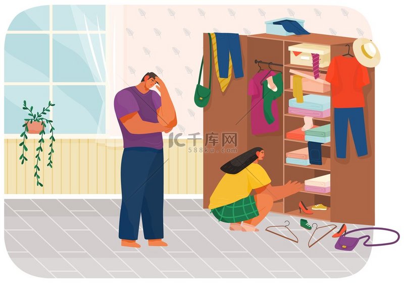 家庭做家务，夫妻男女打扫房子，洗衣服，把衣服放在衣柜或壁橱里。背景图片免费下载_海报banner/高清大图_千库网(图片编号6216130)