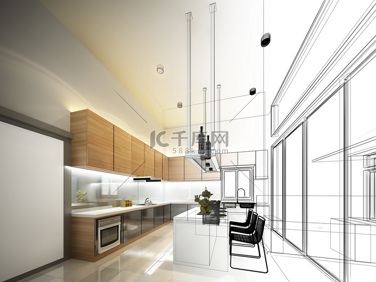 abstraktní skica design interiéru kuchyně高清摄影大图-千库网