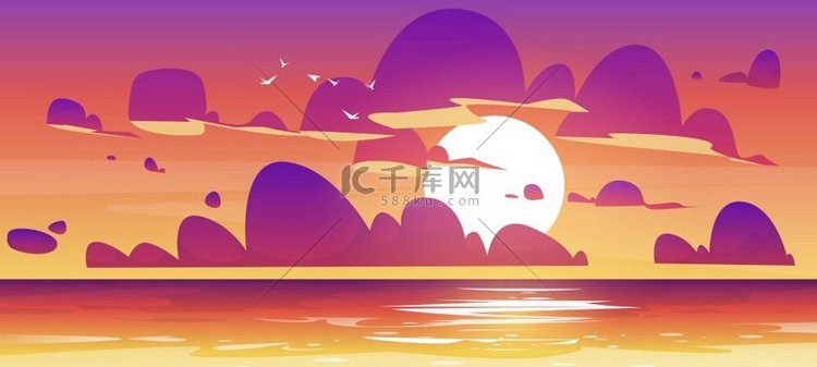 海洋日落，自然景观背景，橙色天空中的粉红色和紫色蓬松云彩，阳光照耀在宁静的海水表面，照亮的海岸夜景。背景图片免费下载_海报banner/高清大 ...
