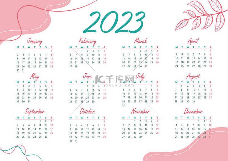 2023 year calendar, week starts on Monday背景图片免费下载-千库网