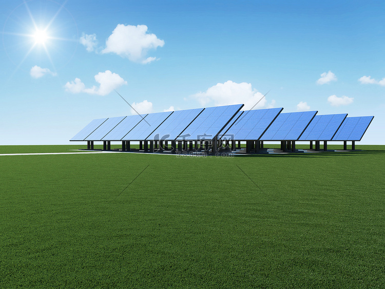 Modern Solar Panels on beautiful green grass with sun and clouds ...