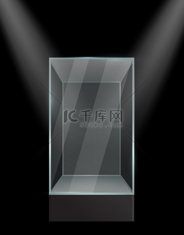 展示玻璃聚光灯下的塑料空盒子独立透明逼真的实物模型产品展示台带照明的展览穹顶黑色背景上的矢量三维插图展示玻璃聚光灯下的塑料空盒隔离背景图片免费 ...