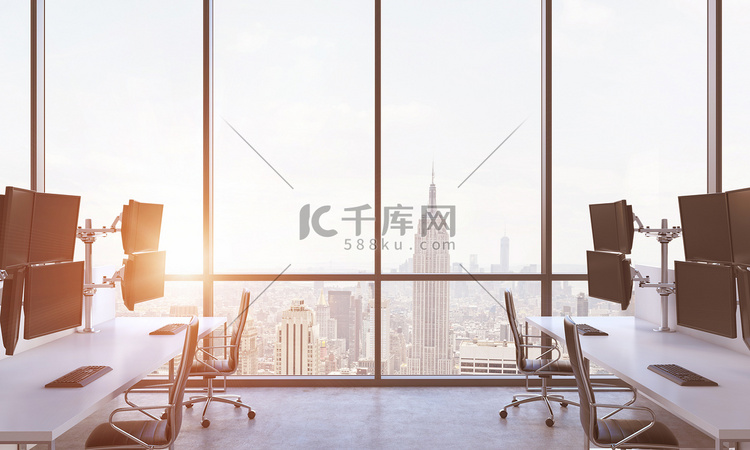A modern trader's workplaces in a modern panoramic office in New York ...