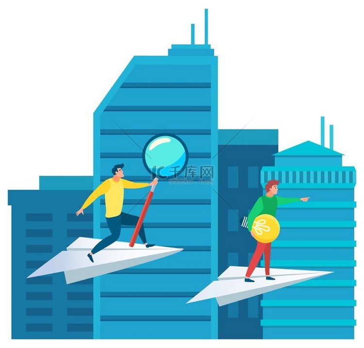 站在城市矢量纸飞机上的商人，合作伙伴在竞争中的竞争对手。背景图片免费下载_海报banner/高清大图_千库网(图片编号6242182)