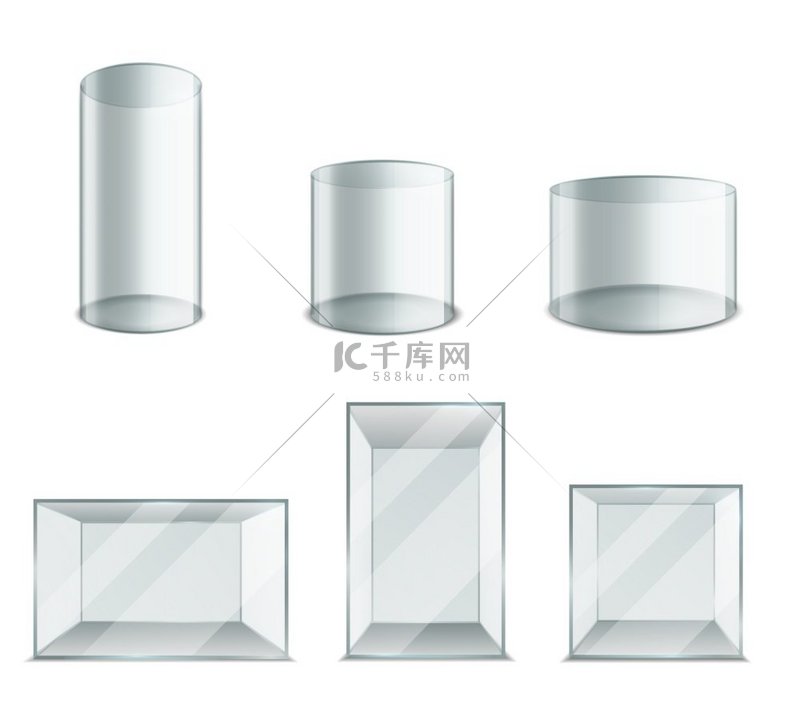 盒子玻璃逼真的塑料透明立方体和圆柱体3空白展览展示圆形或方形水族馆模型具有光反射的孤立几何形状矢量清除容器集盒子玻璃逼真的塑料透明立方体和圆柱 ...