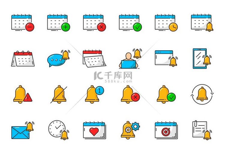 颜色提醒、日历、每周计划者和警报、矢量轮廓图标。背景图片免费下载_海报banner/高清大图_千库网(图片编号6214254)