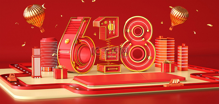 618狂欢建筑气球红色c4d背景图片免费下载-千库网