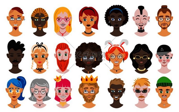 男性和女性卡通肖像集不同种族年龄皮肤和头发颜色孤立矢量图背景图片免费下载_海报banner/高清大图_千库网(图片编号6331233)