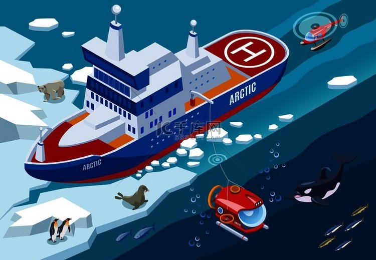在北极研究期间使用潜艇和直升机的破冰船，北海动物等距矢量图解。背景图片免费下载_海报banner/高清大图_千库网(图片编号6337022)