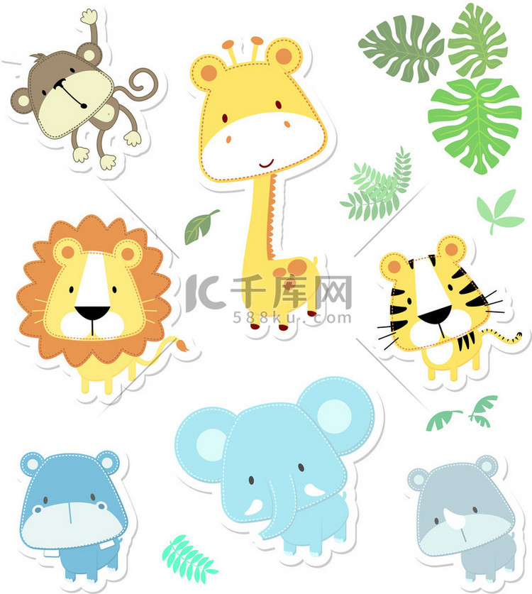 cartoon illustration of seven baby animals and jungle leaves背景图片免费下载-千库网