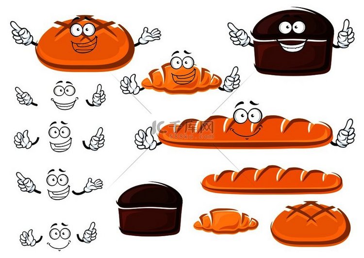 开胃新鲜出炉的卡通小麦和黑麦面包、法式面包和甜羊角面包。背景图片免费下载_海报banner/高清大图_千库网(图片编号6361933)