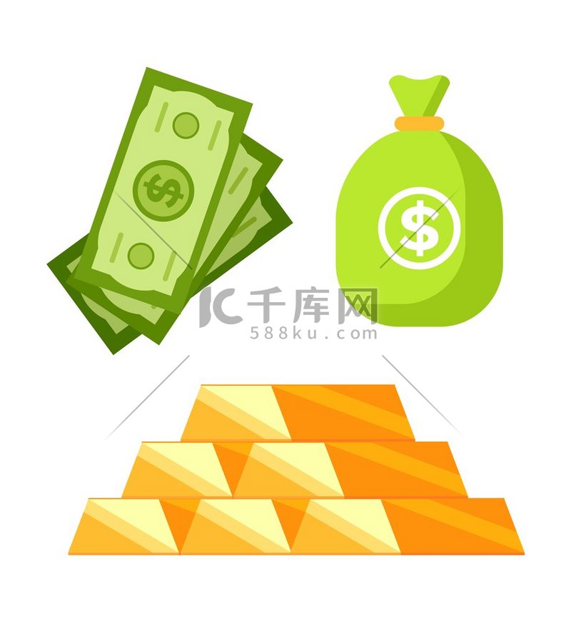 货币符号、绿色钞票、带美元符号的袋子或麻袋、孤立的金条堆。背景图片免费下载_海报banner/高清大图_千库网(图片编号6238109)