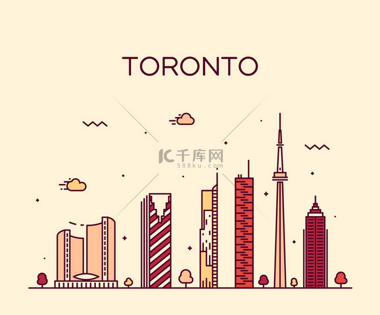 Toronto skyline trendy vector illustration linear背景图片免费下载-千库网