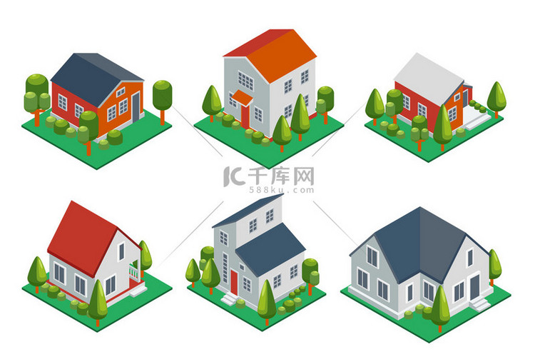 Isometric 3d private house, rural buildings and cottages icons set背景图片 ...