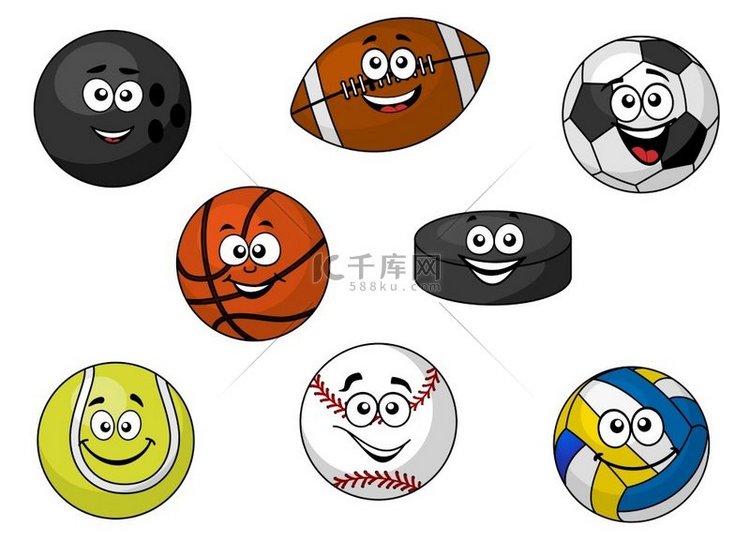 一组快乐运动球和设备的卡通插图，包括网球、足球、橄榄球、橄榄球、板球、排球和冰球背景图片免费下载_海报banner/高清大图_千库网(图片编号 ...