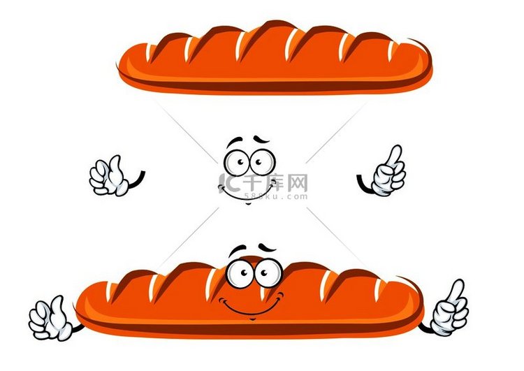 新鲜出炉的长条小麦面包卡通人物，外皮金黄，笑容灿烂。背景图片免费下载_海报banner/高清大图_千库网(图片编号6278315)