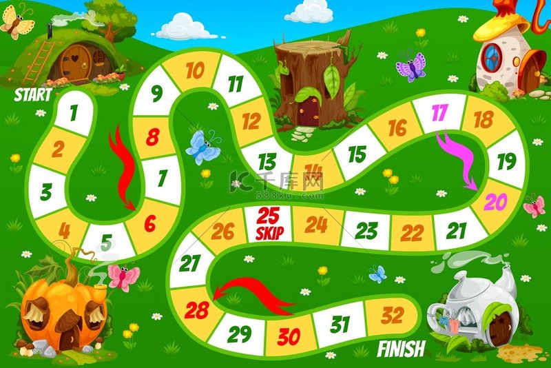 卡通棋盘游戏小精灵茶壶蘑菇南瓜和树桩屋儿童滚动和移动游戏儿童骰子游戏矢量工作表或儿童游戏活动包括童话小屋梦幻家园儿童棋盘游戏与卡通童话幻想屋 ...