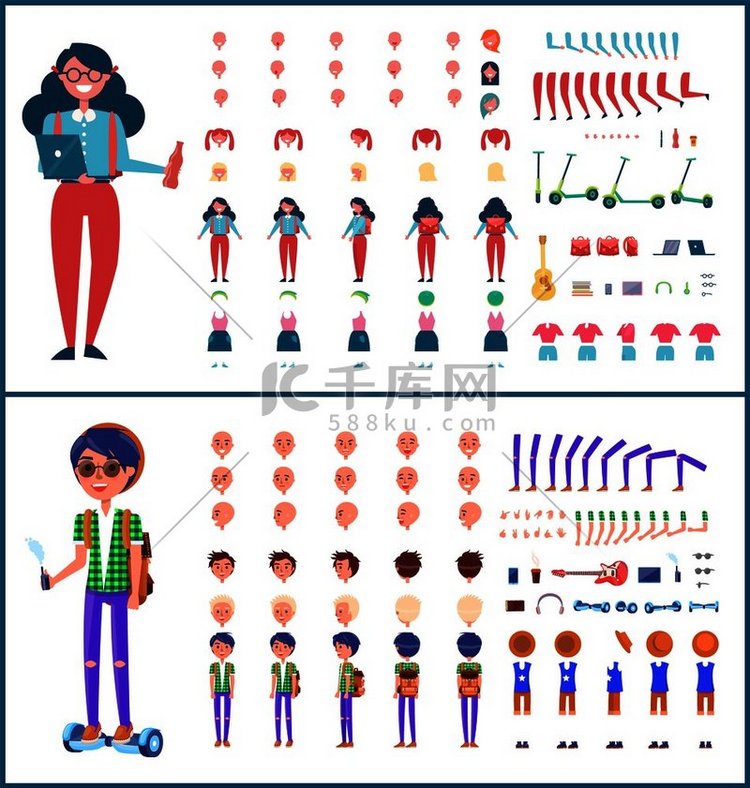 年轻的青少年男孩和女孩孤立的图标设置向量。背景图片免费下载_海报banner/高清大图_千库网(图片编号6349245)