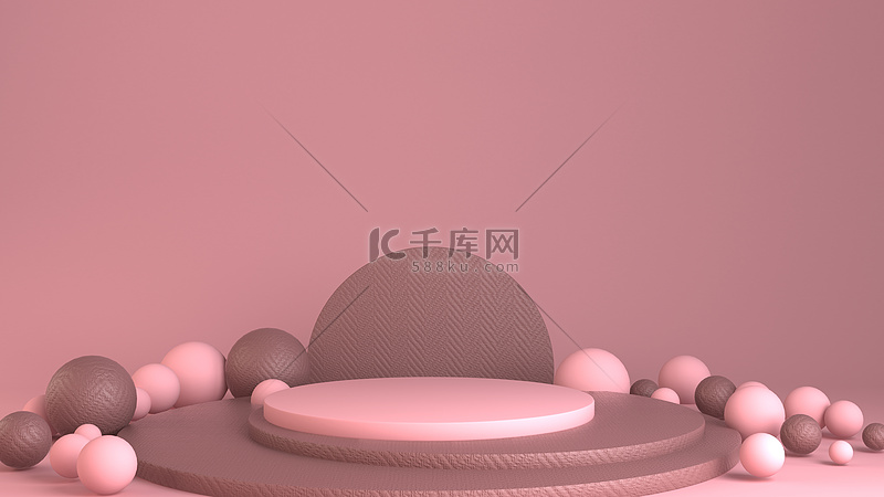 Pink round podium. Pedestal and balloons in pastel colored room scene ...