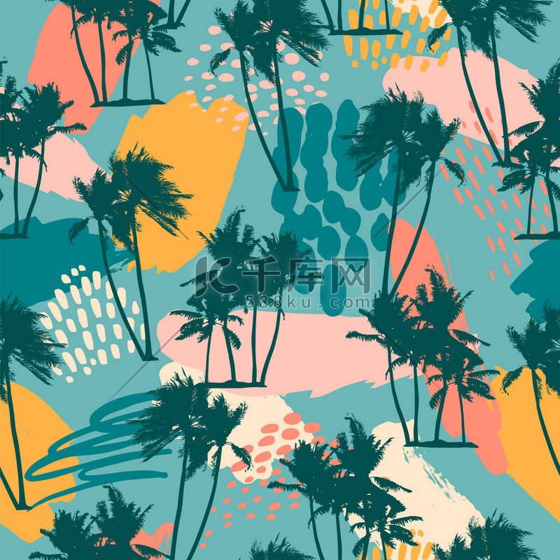 抽象创意无缝图案与热带棕榈树和艺术背景.背景图片免费下载-千库网
