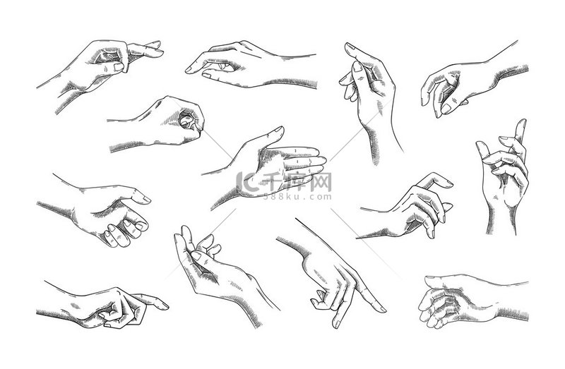 复古手形图标人类的手臂各种姿势古老的手指痕迹草图样式元素集食指和拳头的姿势身体部位单色雕刻图纸矢量设计符号复古手形图标人类的手臂各种姿势古董 ...