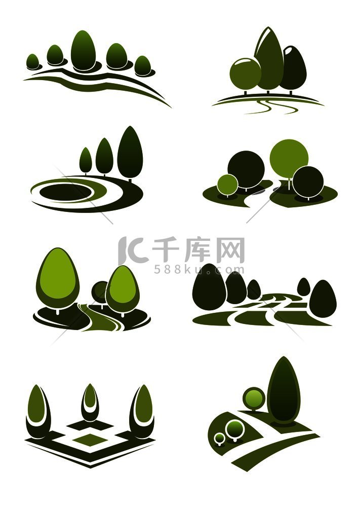 夏季公园和公共花园景观图标设置有装饰性的绿树和灌木、花纹草坪和步行小巷，以自然或休闲为主题。背景图片免费下载_海报banner/高清大图_千库 ...
