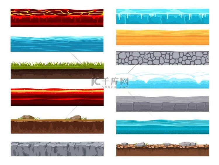 土壤地面层卡通游戏级别的地表景观熔岩冰海水池铺砌道路绿地沙漠沙的矢量纹理横截面视图卡通纹理的图形背景土壤地面层卡通游戏级景观背景图片免费下载 ...