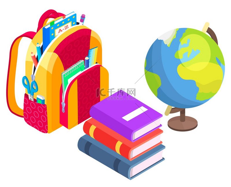地球行星矢量模型地球仪和书包以及返校概念地理课的用品等距卡通背包带课本和笔记本地理研究套装装有书籍和地球仪的书包地理课背景图片免费下载_海报 ...