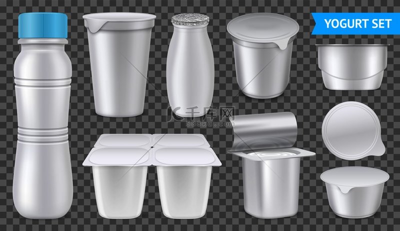 孤立逼真的酸奶透明图标设置白色包装的可饮用和浓稠酸奶矢量插图。背景图片免费下载_海报banner/高清大图_千库网(图片编号6332082)
