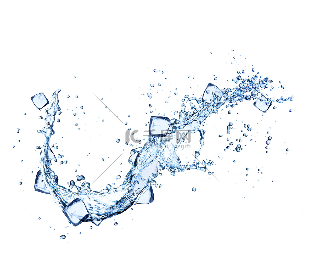Ice cubes in water splashes on white background高清摄影大图-千库网