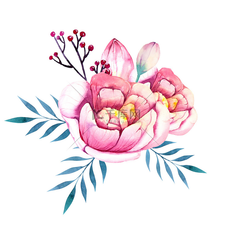 Flowers set. Colorful floral bouquet with leaves and flowers, dr高清摄影大图-千库网