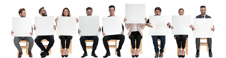 Team of 9 businessmen holding empty billboards高清摄影大图-千库网