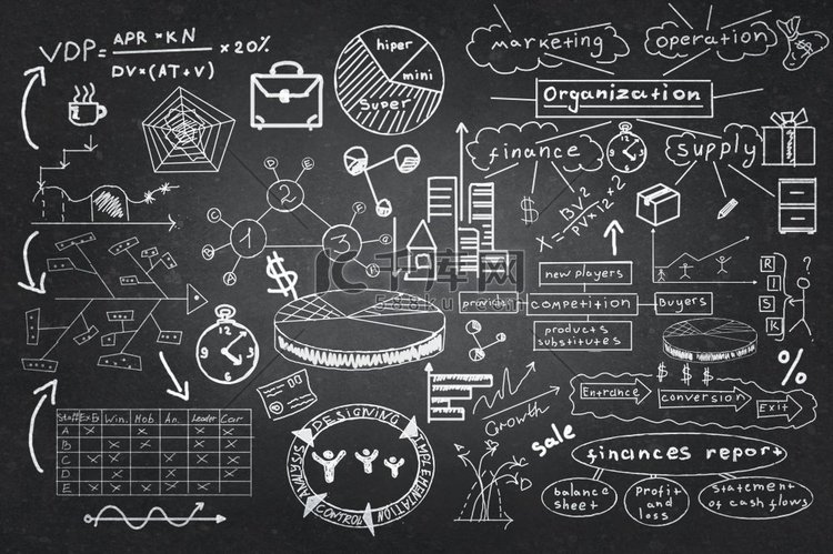 商业规划研讨会。背景图上有粉笔绘制的商业战略计划高清摄影大图-千库网