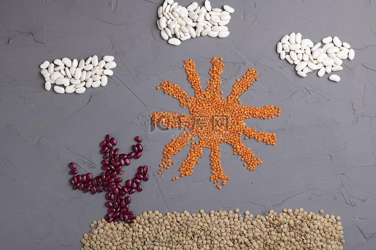 figures made of of beans and seeds. Top view and copy space高清摄影大图-千库网