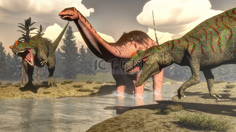 Allosaurus hunting big brontosaurus dinosaur - 3D render高清摄影大图-千库网