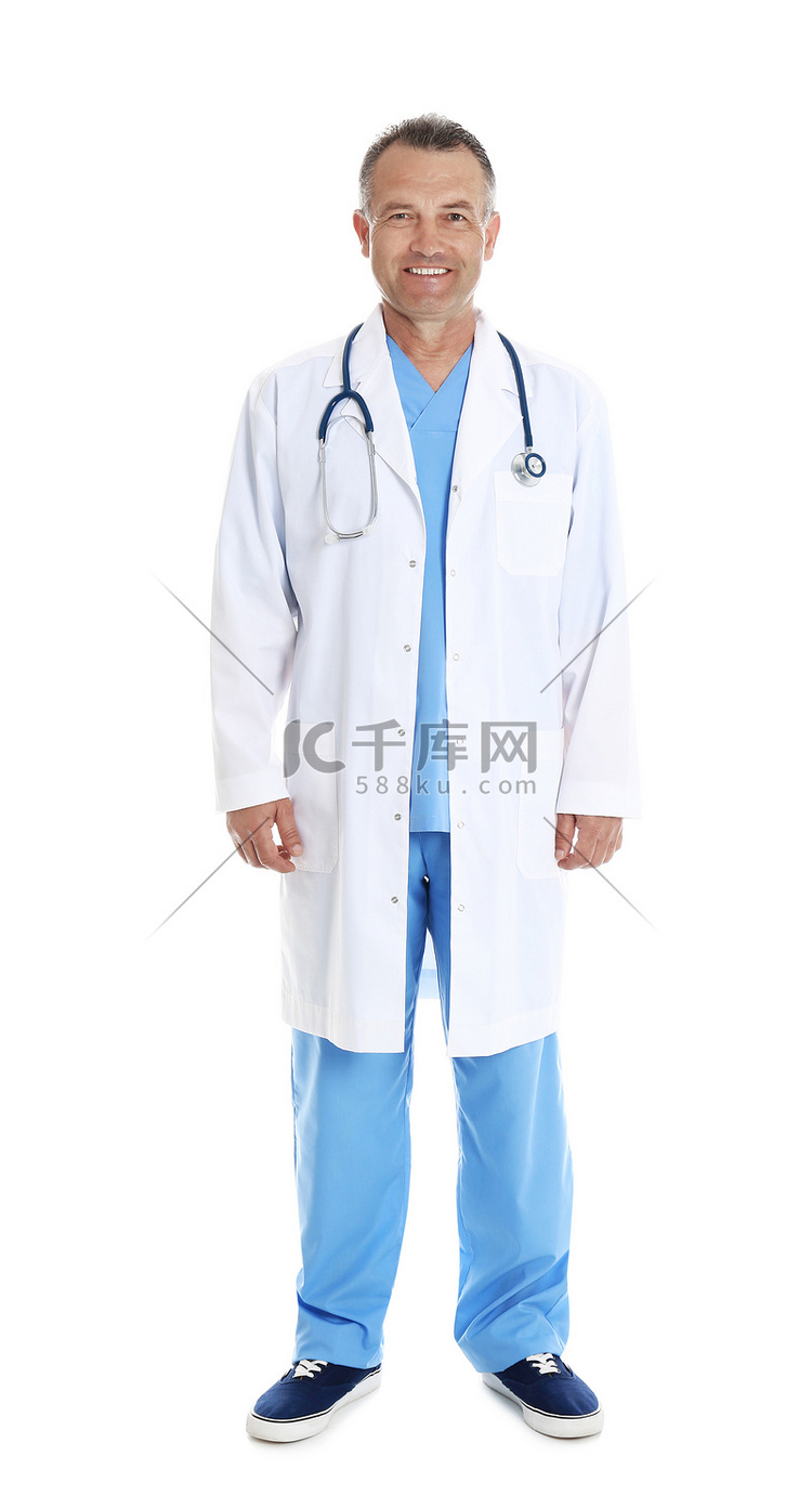 Full length portrait of experienced doctor in uniform on white ...