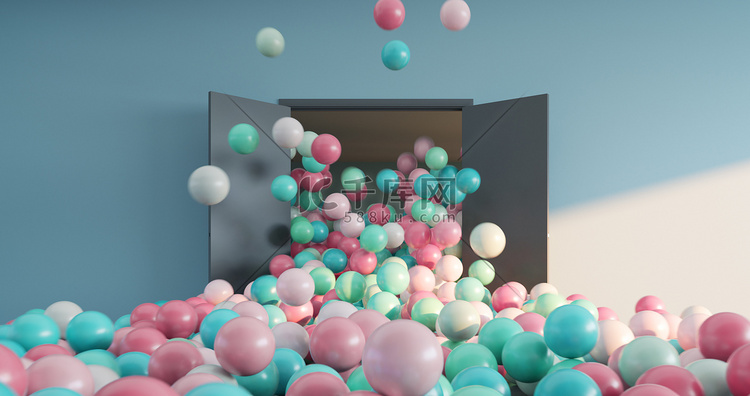 Colored balls pour out of the open doors into a large interior space高清 ...