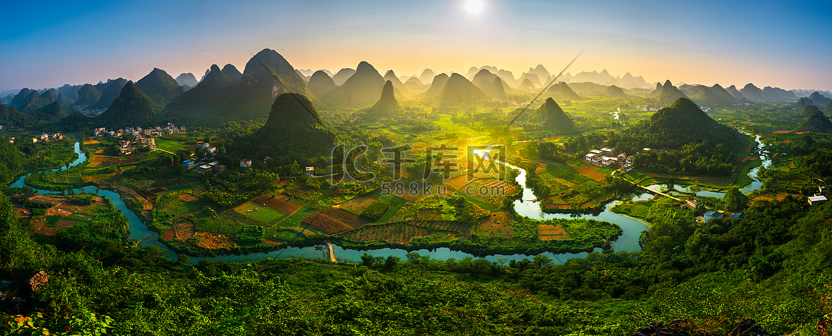 Panorama Landscape of Guilin, China. Li River and Karst mountain高清摄影大图-千库网