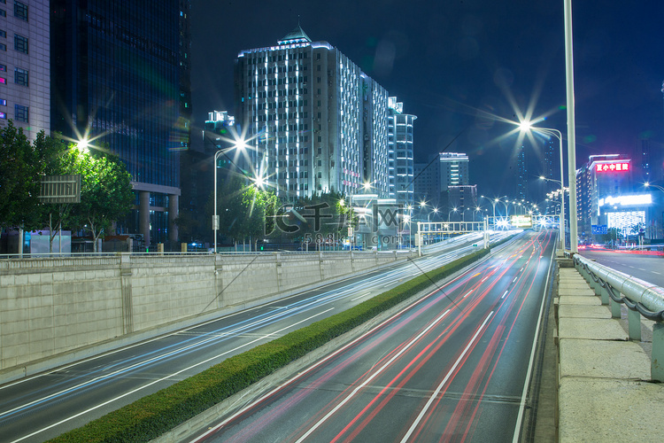 夜景车轨长曝光车流交通高清摄影大图-千库网