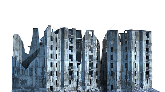 在白色3D插图上隔离的被毁建筑物高清摄影大图-千库网