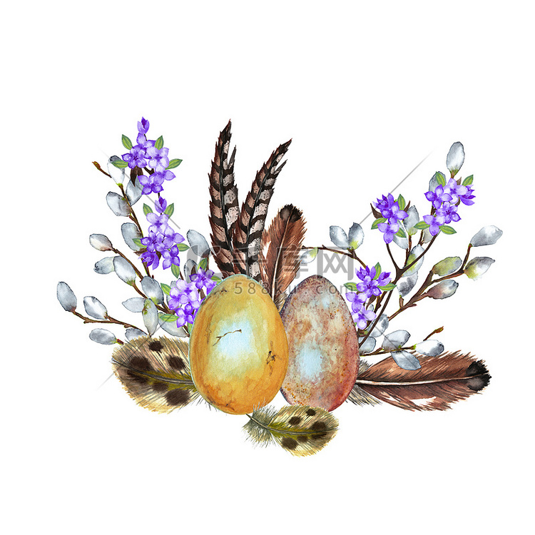 Beautiful spring realistic illustration of wild birds eggs, feathers ...