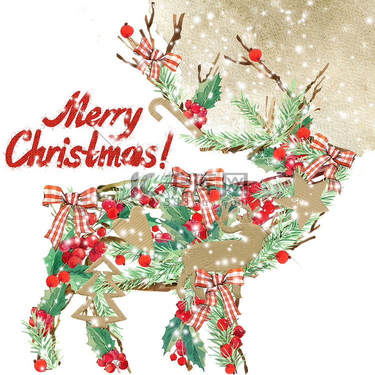watercolor Christmas reindeer. Wish Merry Christmas text. watercolor ...