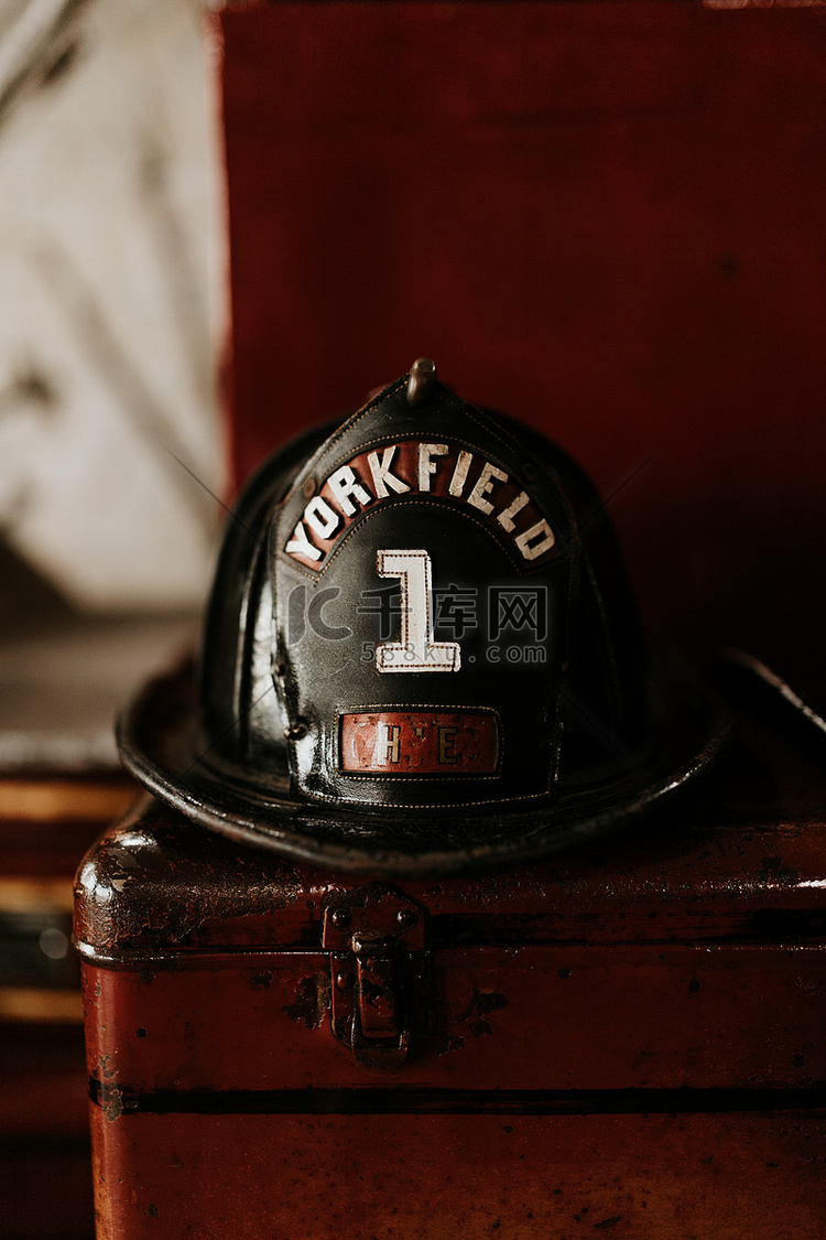 Vertical closeup shot of a firefighter helmet with Yorkfield and the ...