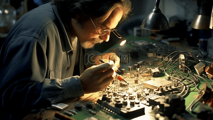 电子维修工程师端着咖啡走进他的车间，开始焊接电路板，透过放大镜查看个人电脑。电子设备维修与测试 高清摄影大图-千库网