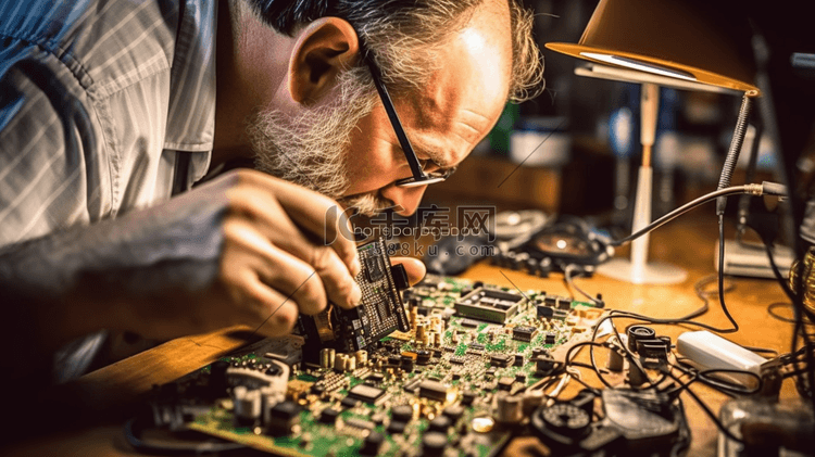 电子维修工程师端着咖啡走进他的车间，开始焊接电路板，透过放大镜查看个人电脑。电子设备维修与测试 高清摄影大图-千库网