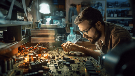 电子维修工程师端着咖啡走进他的车间，开始焊接电路板，透过放大镜查看个人电脑。电子设备维修与测试高清摄影大图-千库网