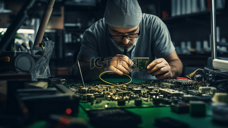 电子维修工程师端着咖啡走进他的车间，开始焊接电路板，透过放大镜查看个人电脑。电子设备维修与测试高清摄影大图-千库网